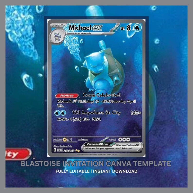 Editable Blastoise 151 Birthday Invitation, Pokemon Birthday Invitation ...