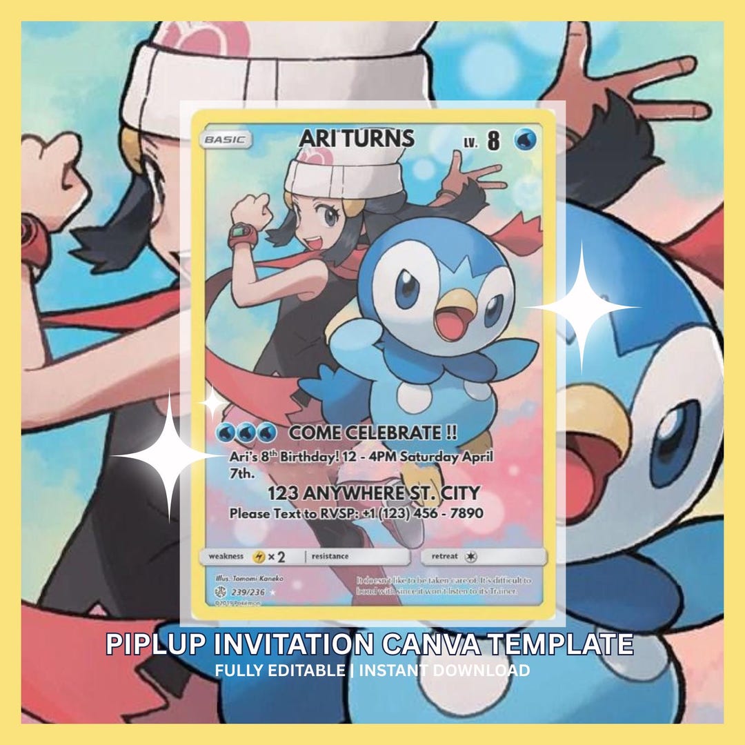 Editable Piplup Birthday Invitation, Pokemon Birthday Invitation ...