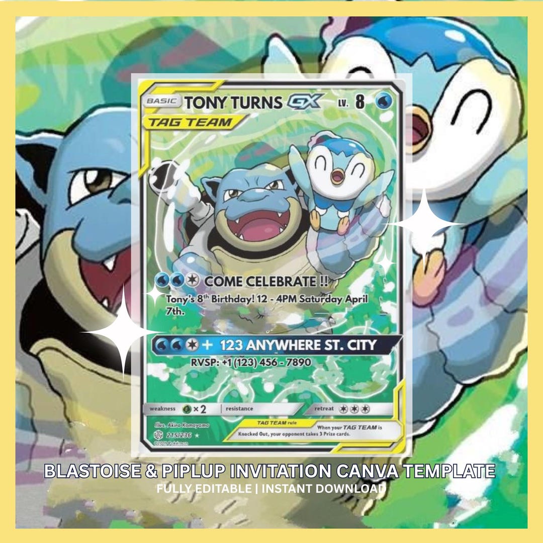 Editable Blastoise & Piplup Birthday Invitation, Blastoise Birthday ...