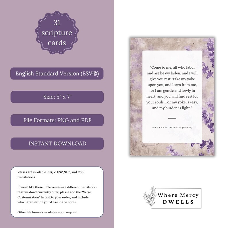 Printable ESV Scripture Cards for Anxiety: Lavender Bible Verses ...