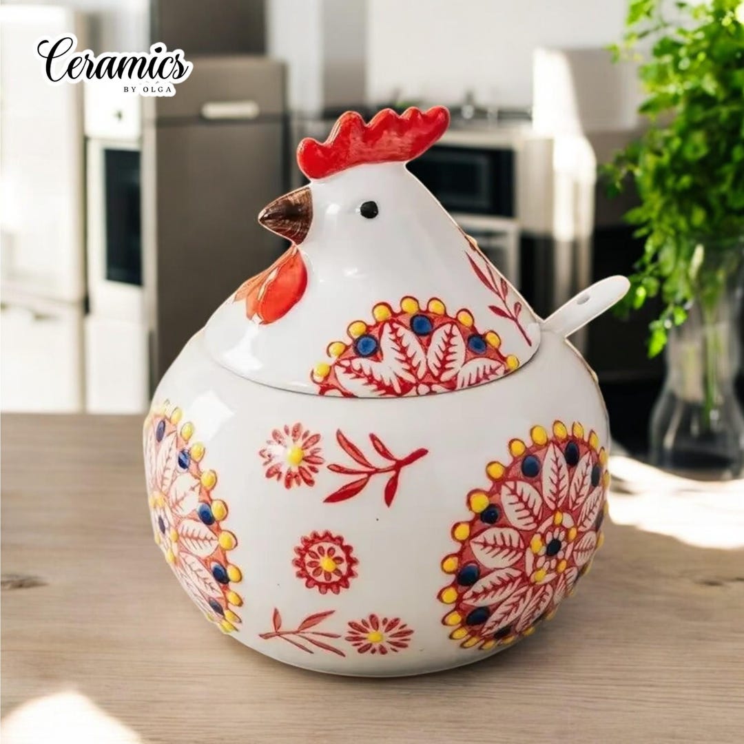 Rooster Ceramic Salt Jar With Lid, Farmhouse Seasoning Box, Large Spice ...