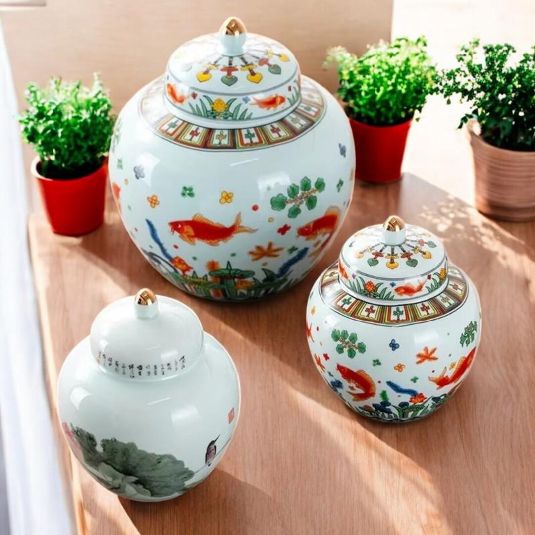 Ceramic Fish Storage Jar With Lid, Candy Box Tea Holder, Tabletop Vase ...
