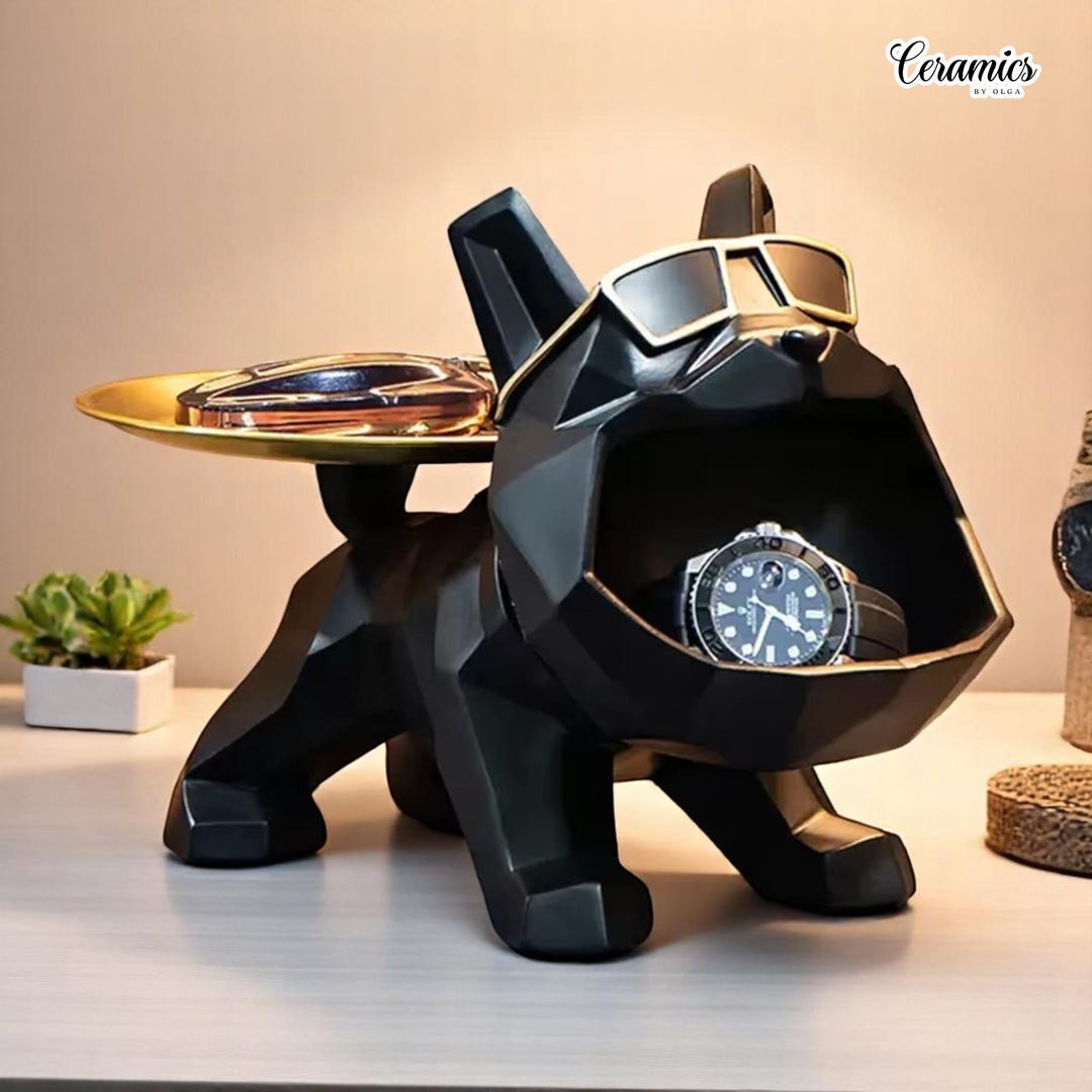 Cool Bulldog Dog Butler Statue With Tray – Jewelry Keys Holder ...