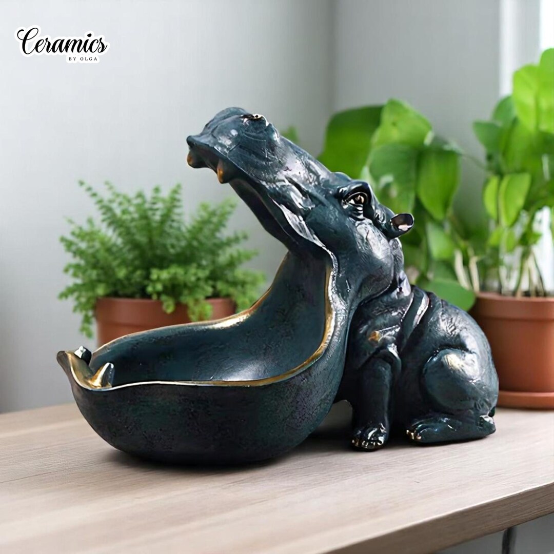 Resin Hippo Statue Sculpture – Decorative Key Candy Holder Container ...