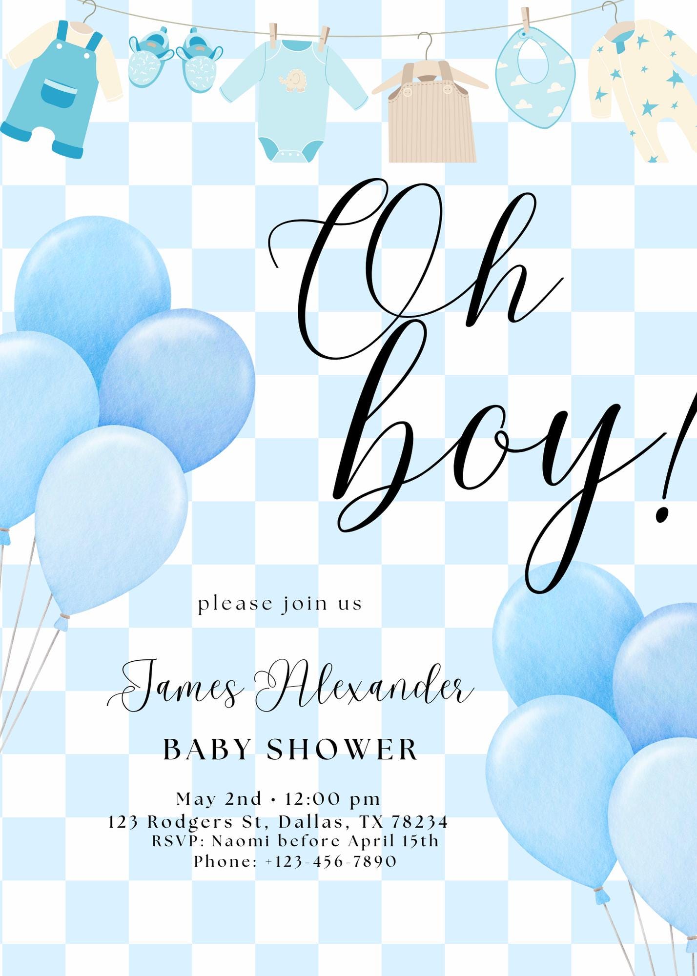 Editable Boy Baby Shower Invitation | Instant Download | Blue Checker ...