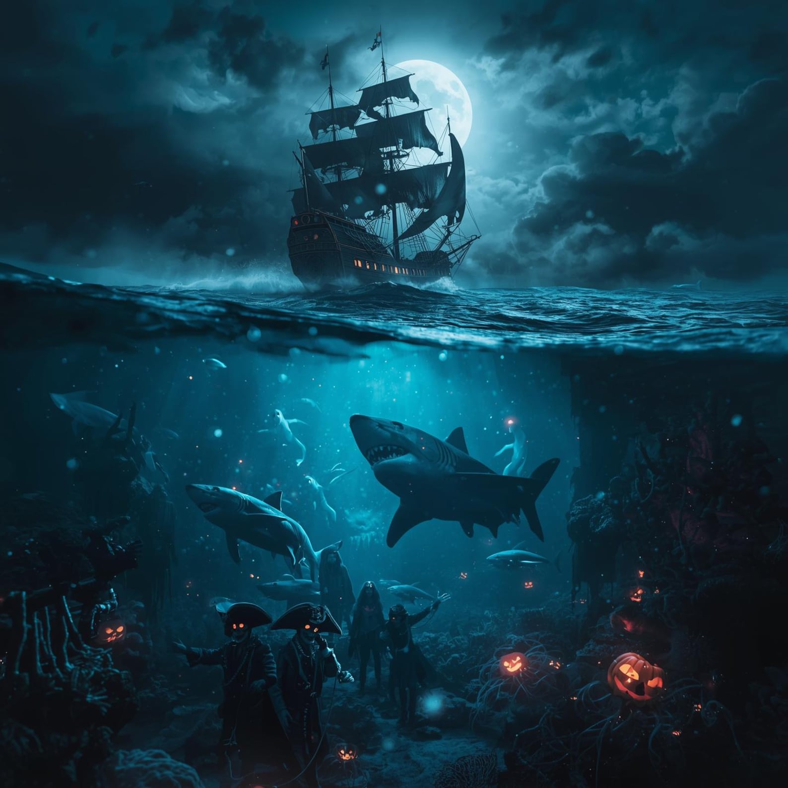 Halloween Pirate Ship Art: Gothic Ocean, Sharks, Jellyfish (digital ...