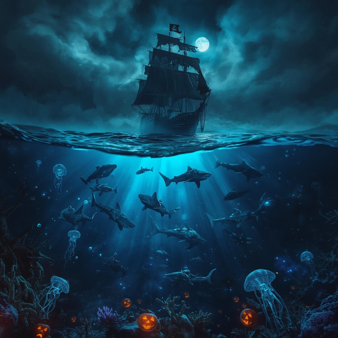 Halloween Pirate Ship Art: Gothic Ocean, Sharks, Jellyfish (digital ...