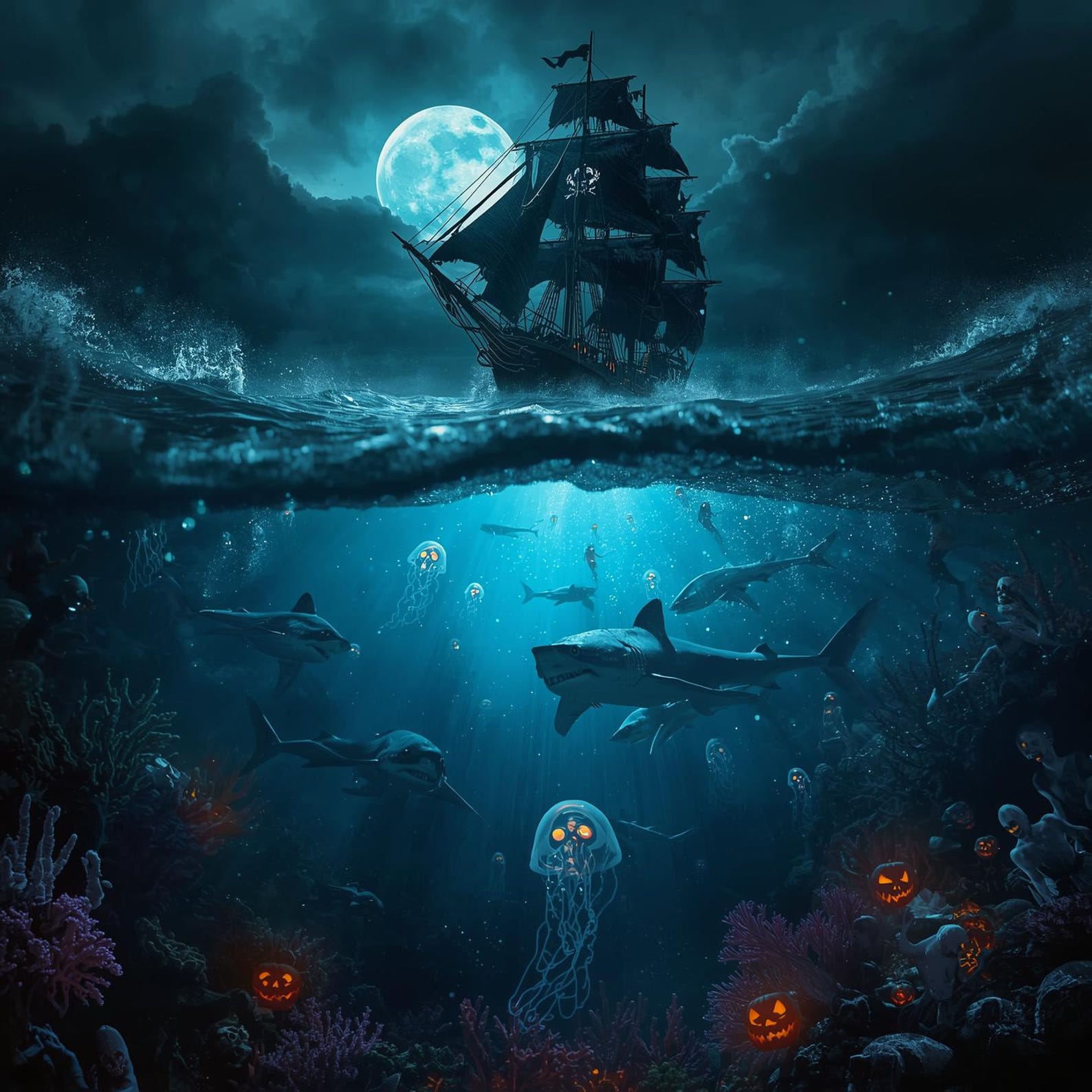 Halloween Pirate Ship Art: Gothic Ocean, Sharks, Jellyfish (digital ...