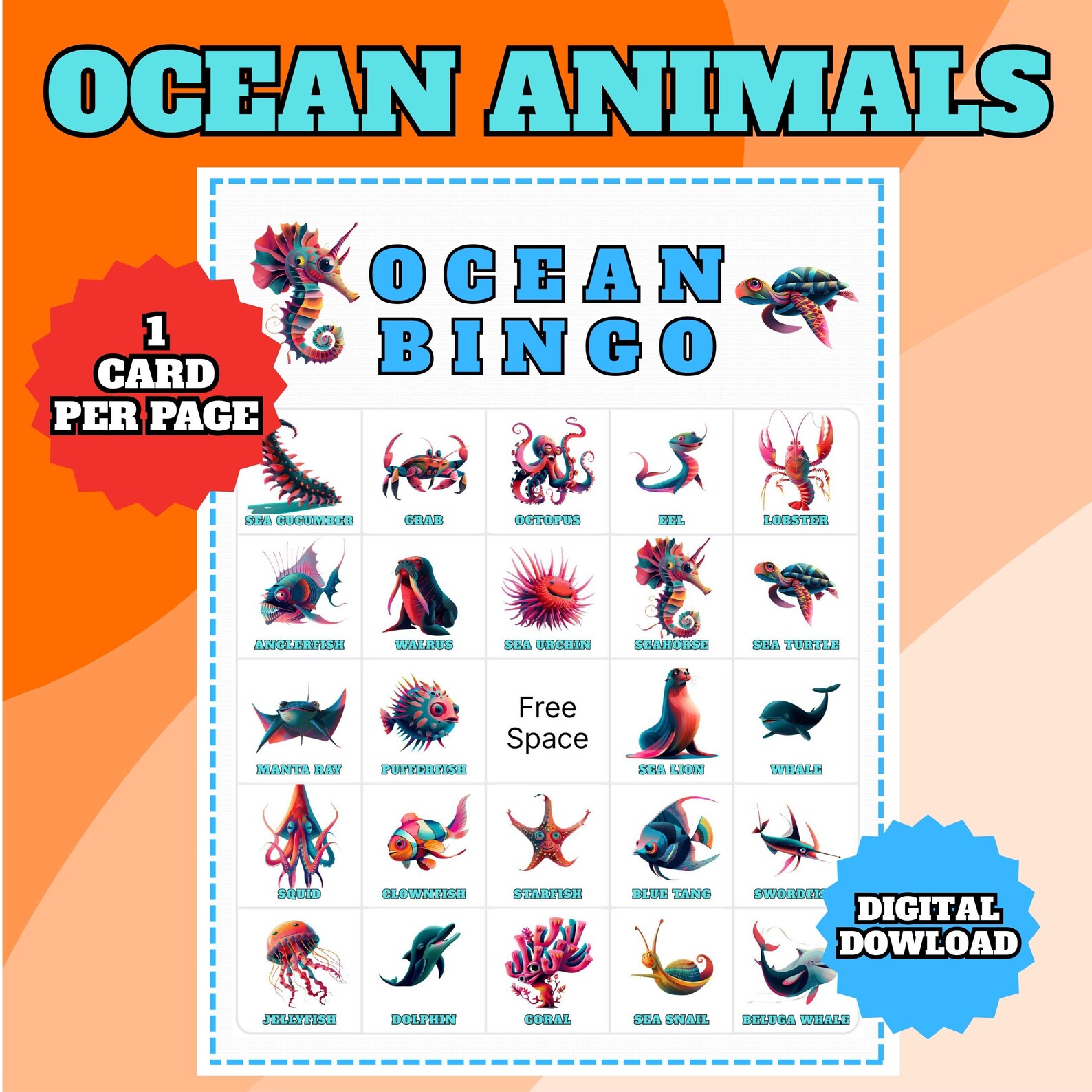 Ocean Animals Bingo Game – Printable Kids Activity – Educational Sea ...