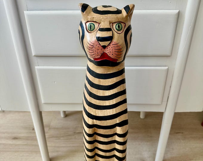 Rare Folk Art Tall Carved Wood Striped Cat Hand-painted Statue - Etsy