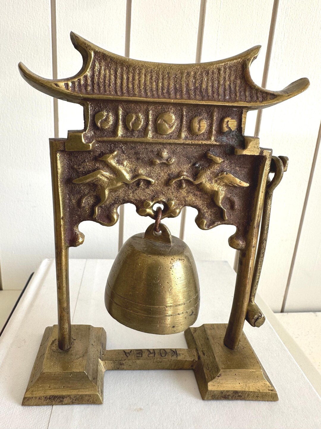 Vintage Solid Brass Pagoda Stand Gong With Hanging Bell and Hammer From ...