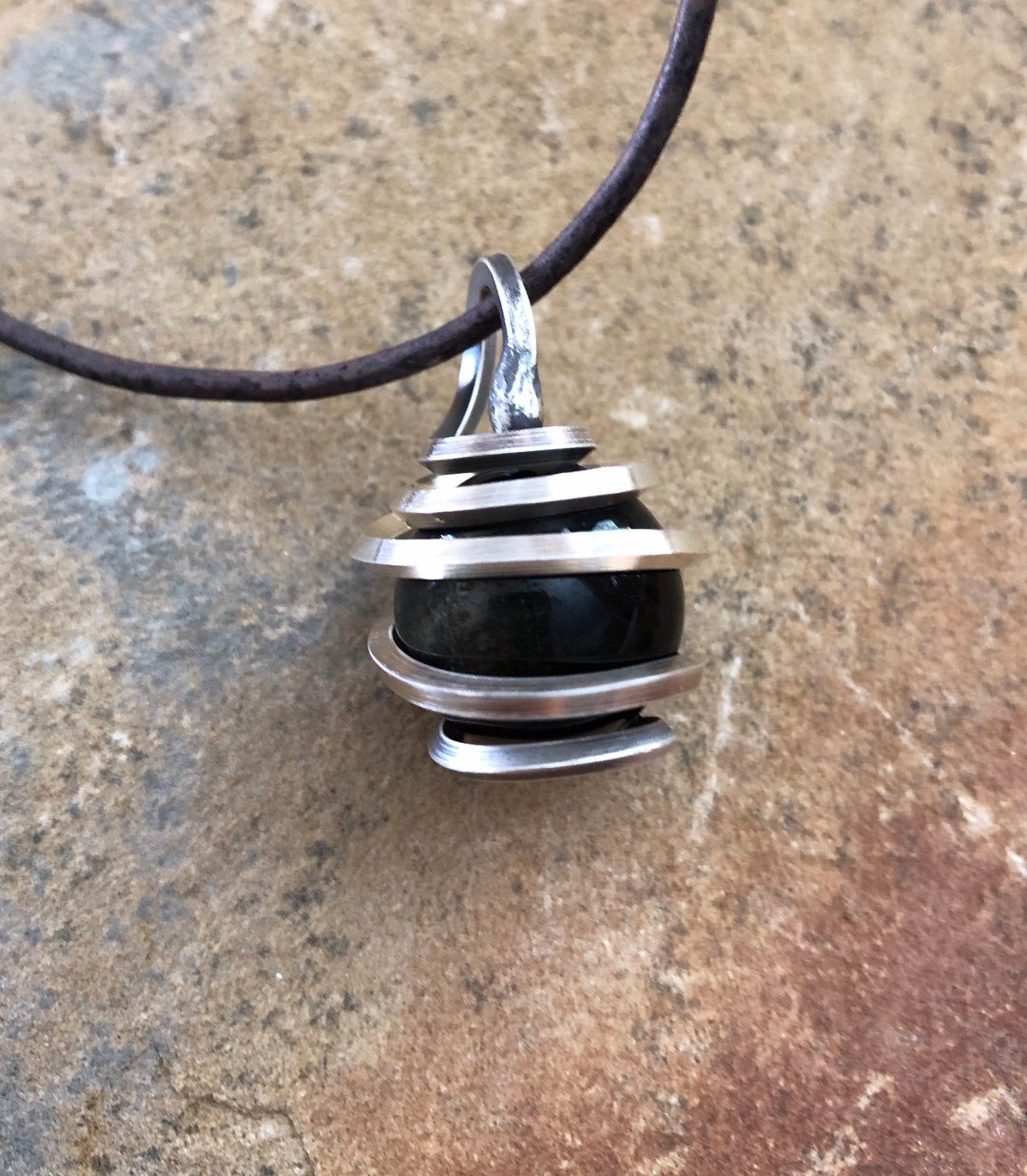 Black Obsidian and Silver Orb Pendant- STAR CLUSTER Features a Black ...