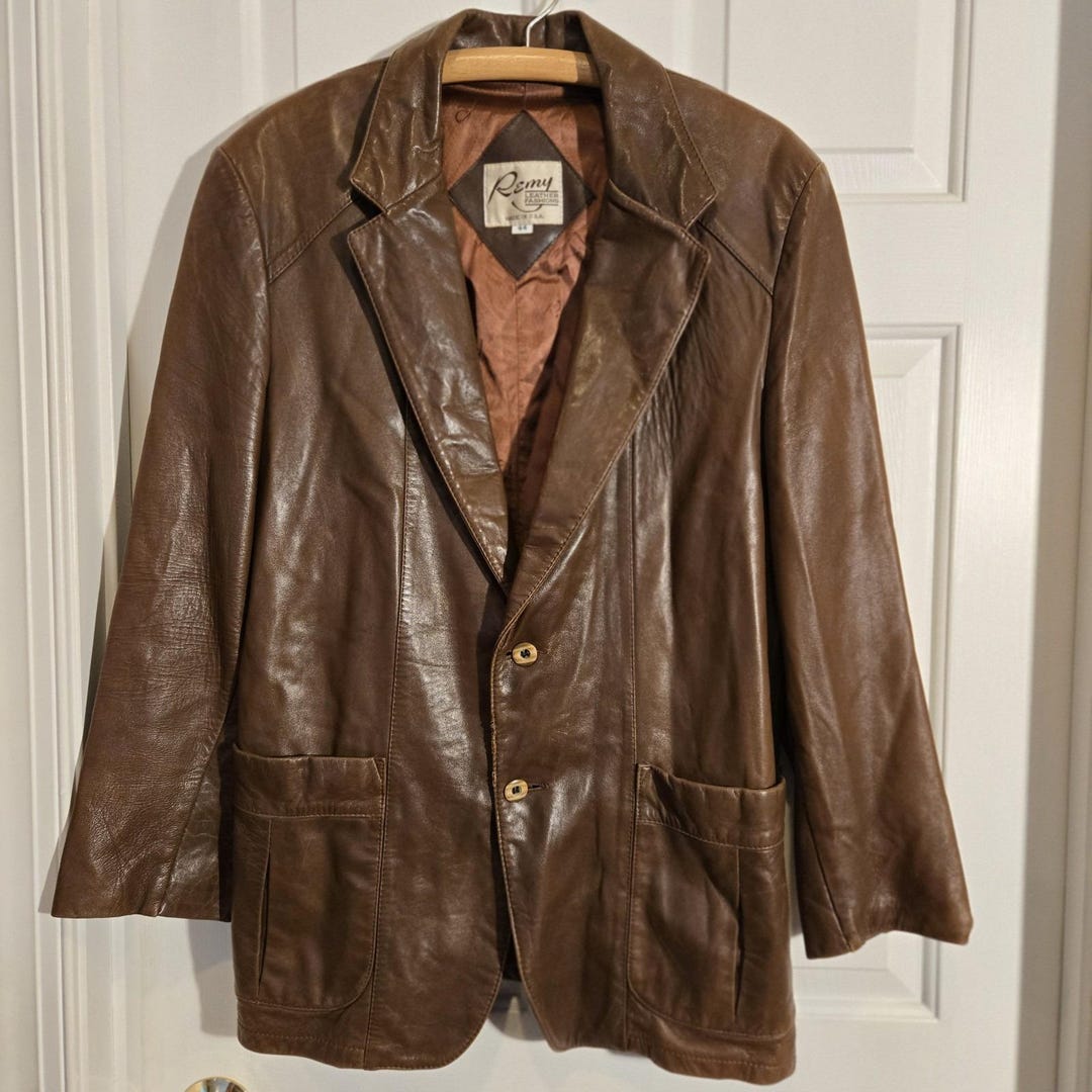 Vintage Remy Leather Blazer Mens 44 Brown Soft Pockets Lined Button ...