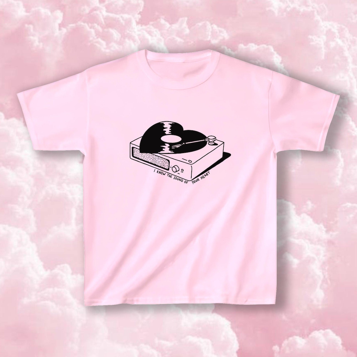 Heart Vinyl Record Player Baby Tee, Y2K Women's Fitted Tee, Retro 90s ...
