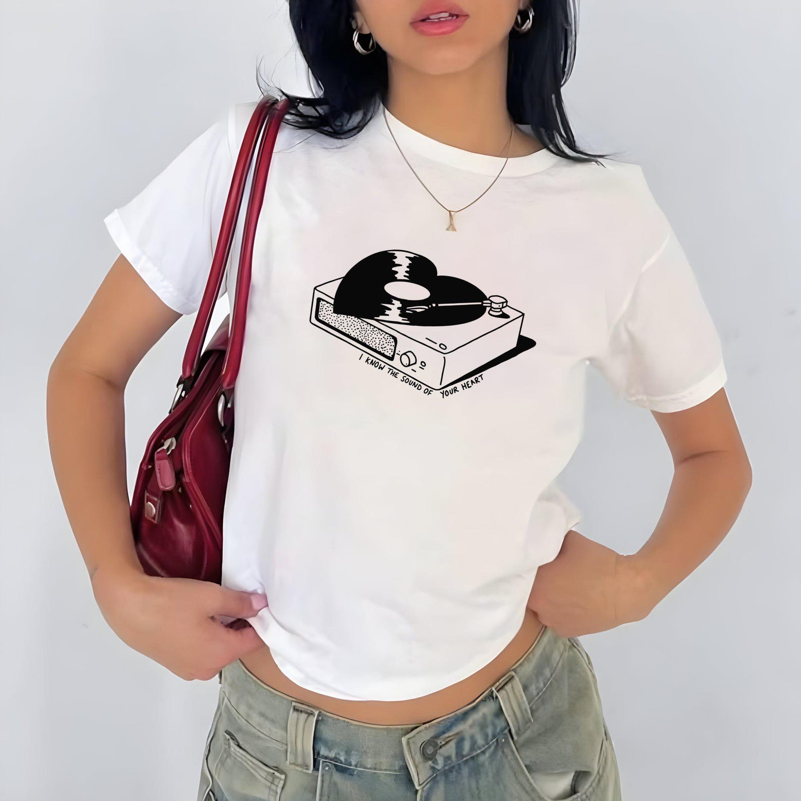 Heart Vinyl Record Player Baby Tee, Y2K Women's Fitted Tee, Retro 90s ...