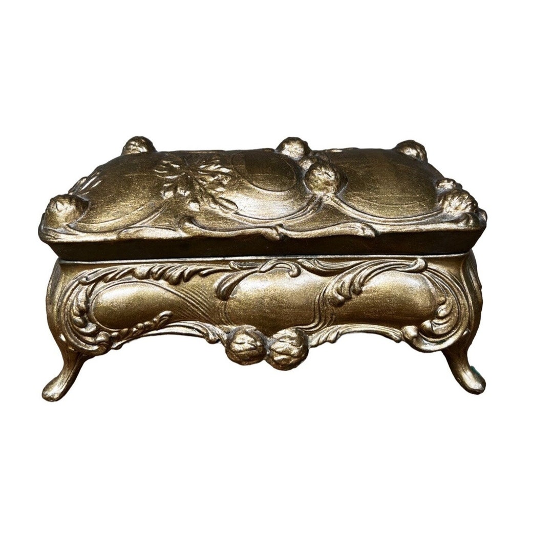 Jewelry Casket, Gold Metal Jewelry Casket With Flowers, Antique Jewelry ...