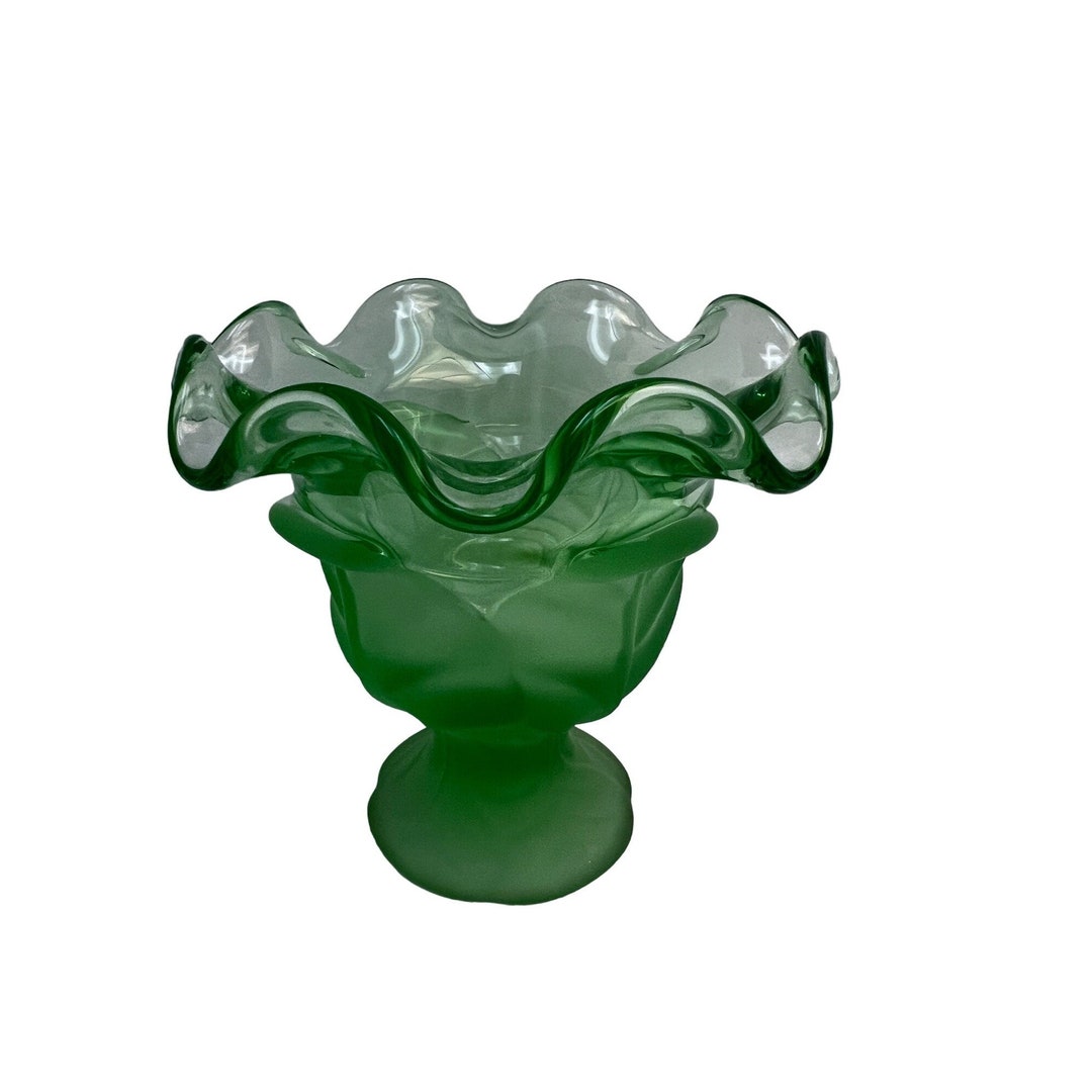 Vintage Viking Green Glass Compote Satin Leaf Pedestal Candy Dish ...