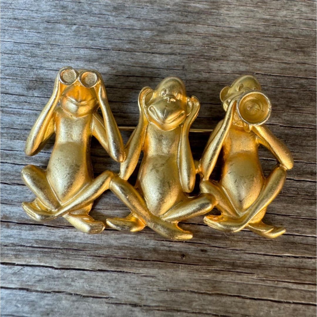 Vintage Gold-tone Three Wise Monkeys Brooch Pin - See No Evil Hear No ...