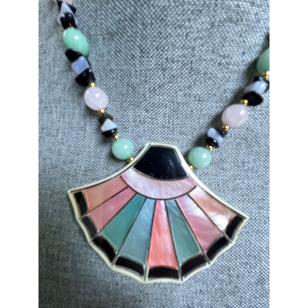 Vintage LEE SANDS Abalone Shell Inlay Fan Shape Statement Necklace Rose ...