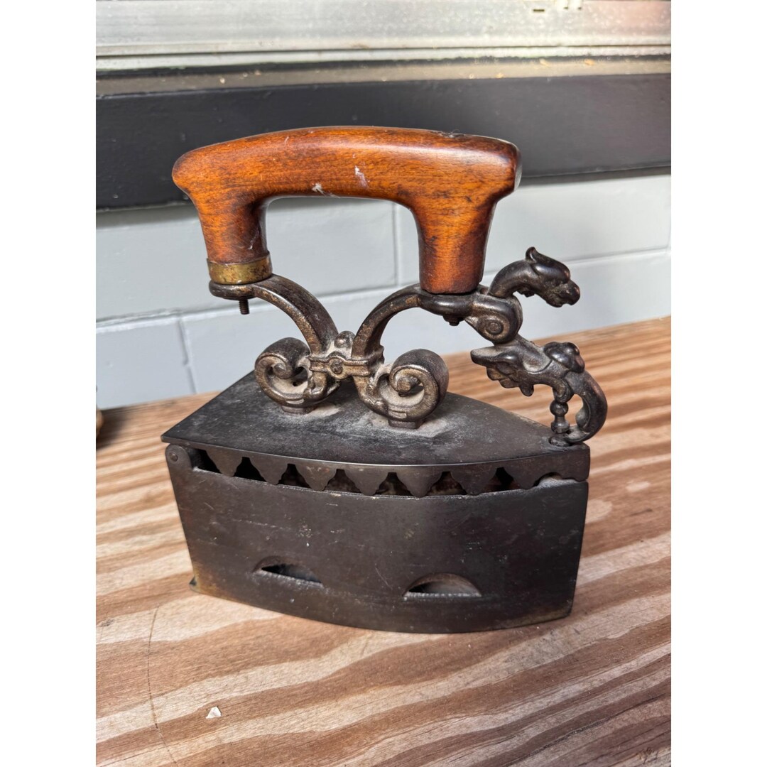 Antique Cast Iron Coal Pressing Iron With Wooden Handle Ornate ...