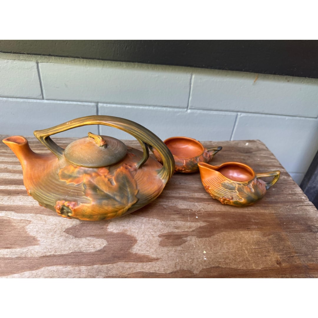 Vintage Original Roseville Pottery 3 Piece Bushberry Tea Set 2-T 2-S 2 ...