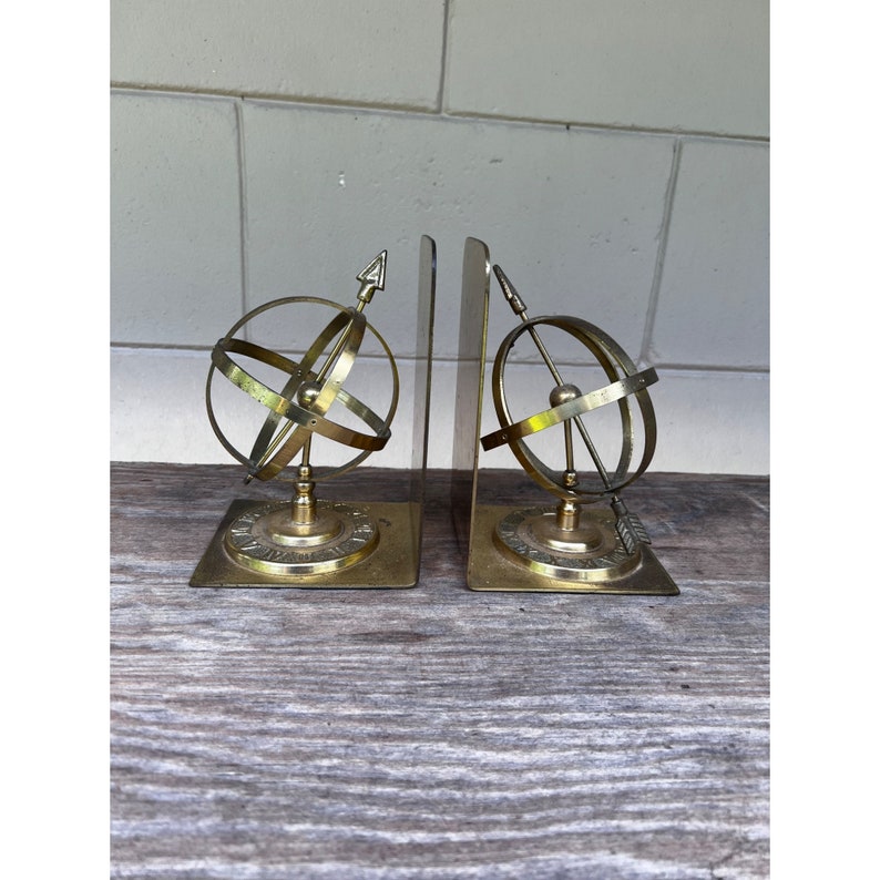 Vintage Brass Bookends Atlas Globe Arrow Armillary Sphere Sundial Set ...
