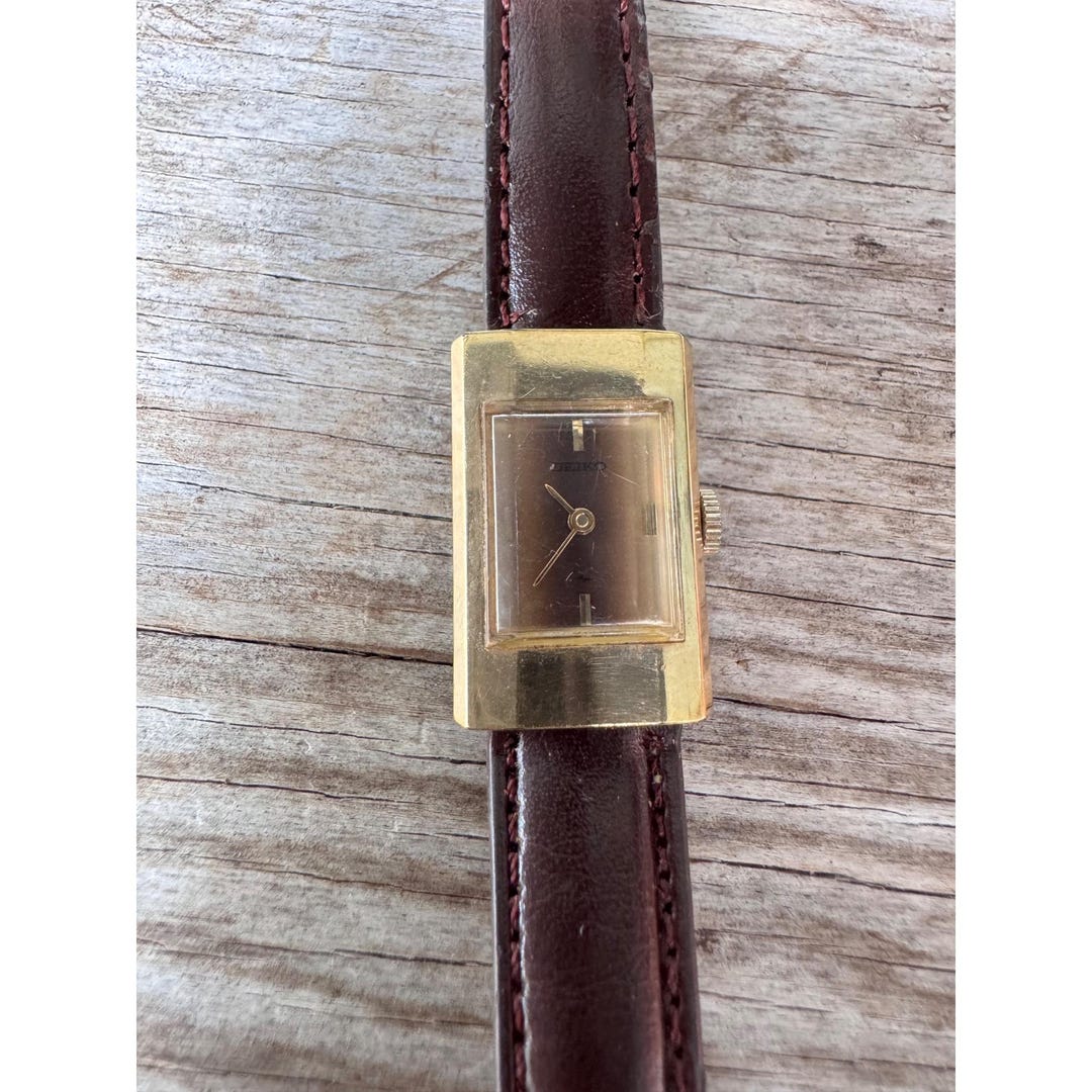 Vintage Seiko Quartz Rectangular Ladies Watch Brown Leather Strap Runs ...