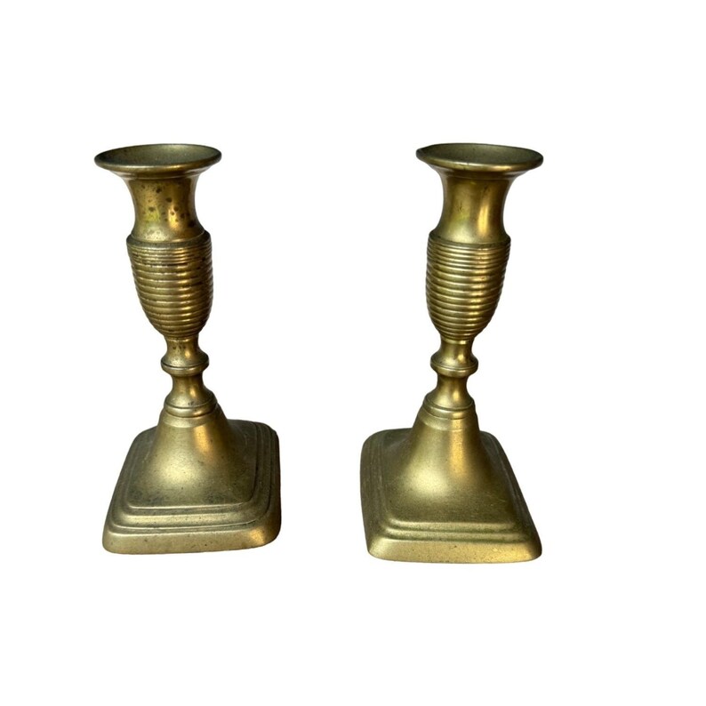 Vintage Brass Candle Holders Pair Square Bases Ribbed Design Home Decor ...