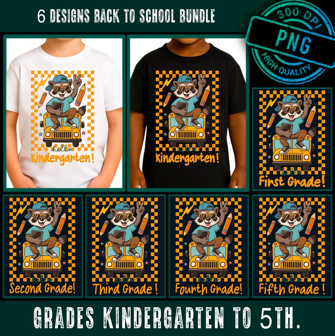 Back to School Raccoon PNG Bundle, Grades Kindergarten to 5th Clipart ...
