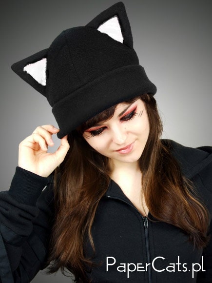 Black White Cap Kitty Fur Hat Kitty Animal Ears Beanie - Etsy