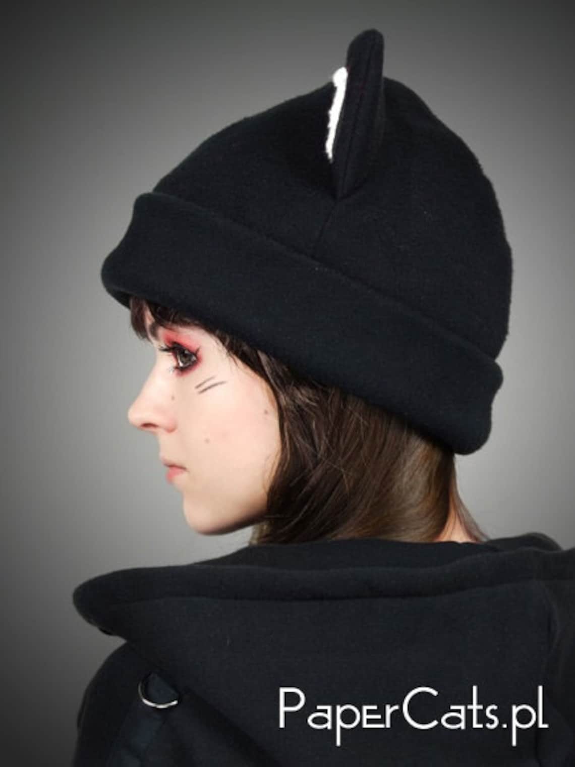 Black White Cap Kitty Fur Hat Kitty Animal Ears Beanie - Etsy