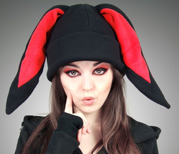 Black Red Cap BUNNY Rabbit Hat Cosplay Kawaii Nerd Animal Ears Beanie ...