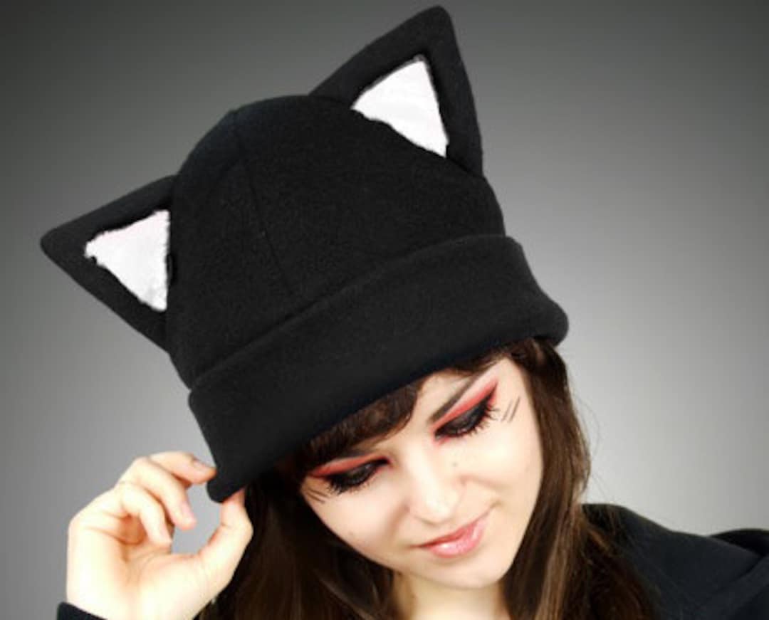 Black White Cap Kitty Fur Hat Kitty Animal Ears Beanie Earmuffs Pompons ...