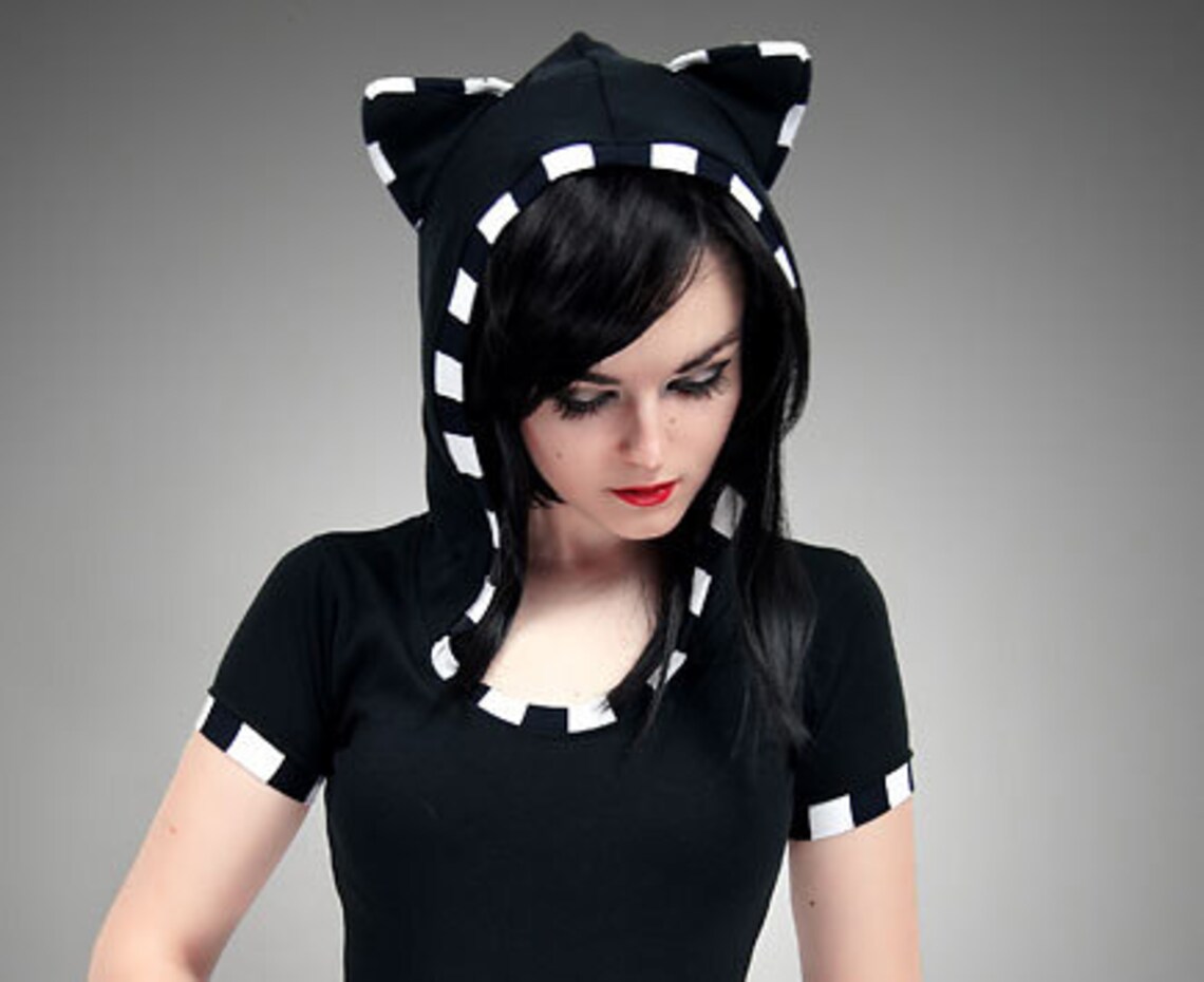 Black Cat Shirt Hoodie Stripes Ears Kitty Kawaii - Etsy