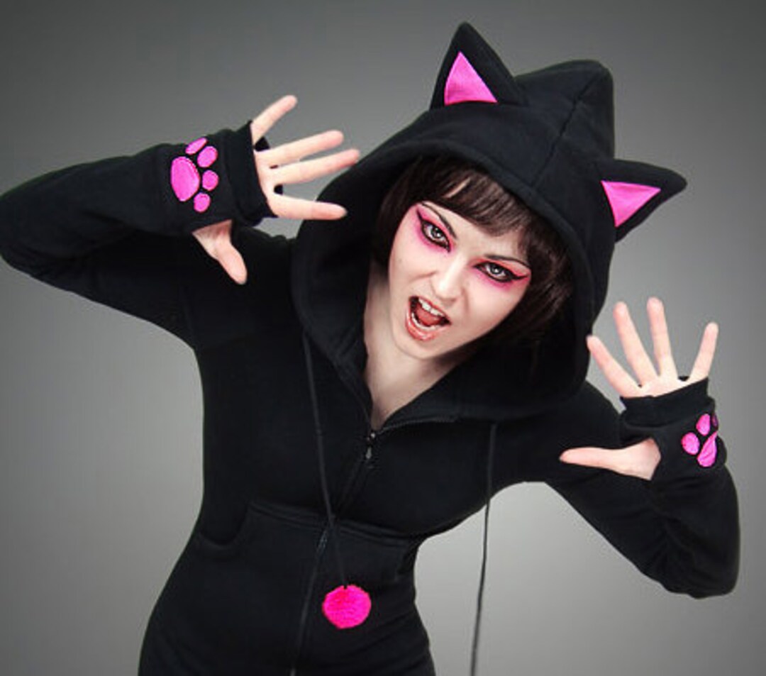 Hoodie Black Cat Pink Ears Long Kitty Kawaii Emo Goth Animal Hood ...