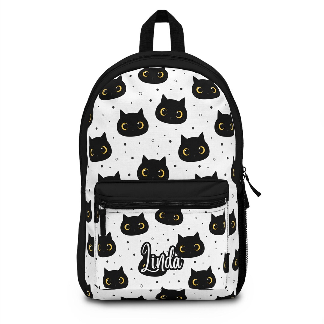 Custom Kawaii Black Cat Backpack | Cute Yellow Eyes Cat Bag for Kids ...