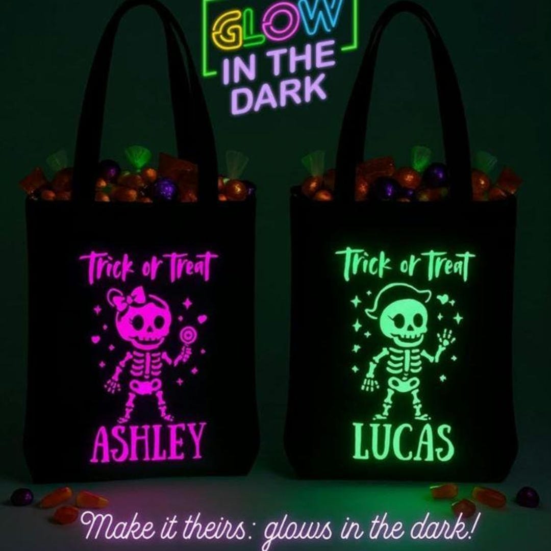 Custom Trick or Treat Candy Bag Skeleton Glow in the Dark Vinyl Tote ...