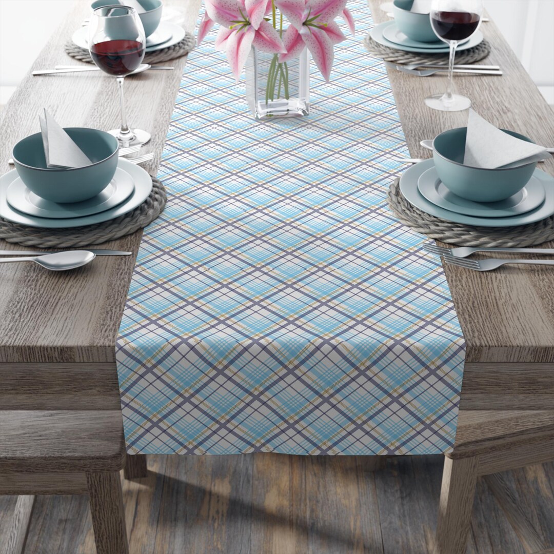 Blue Brown Linen Gingham Table Runner, Birthday Party Decor, Home Decor ...