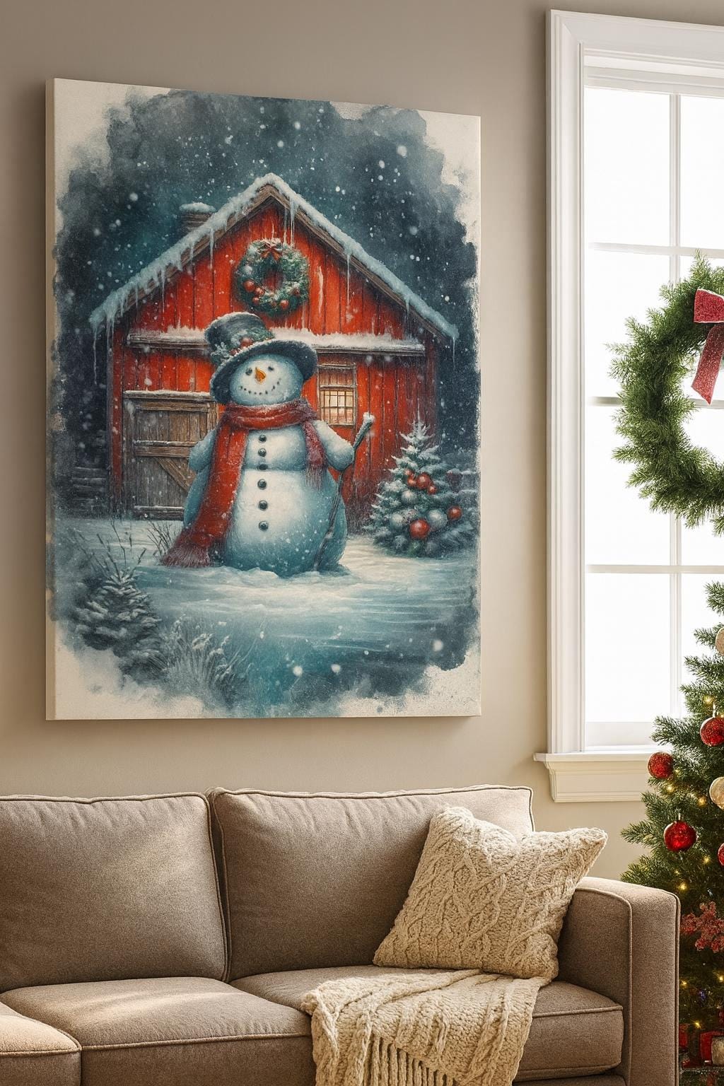Snowman by the Barn Christmas Canvas Print: Rustic Winter Farmhouse Art ...