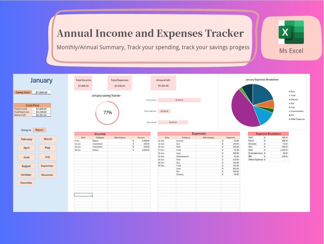Annual Income and Expenses Tracker Spreadsheet for Excel, Monthly ...