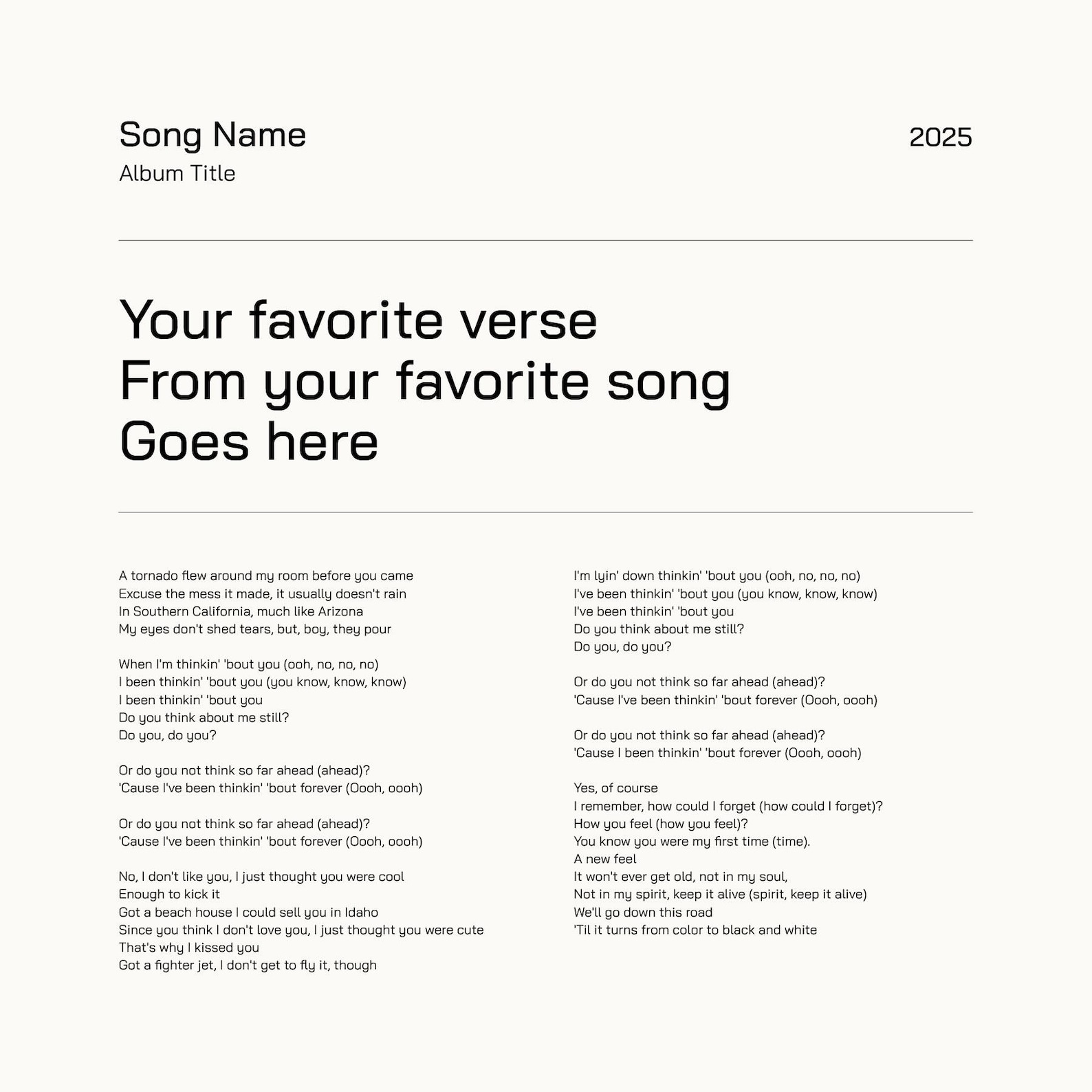 Album Cover Lyric Set - Custom Lyrics Poster, Custom Album Print ...
