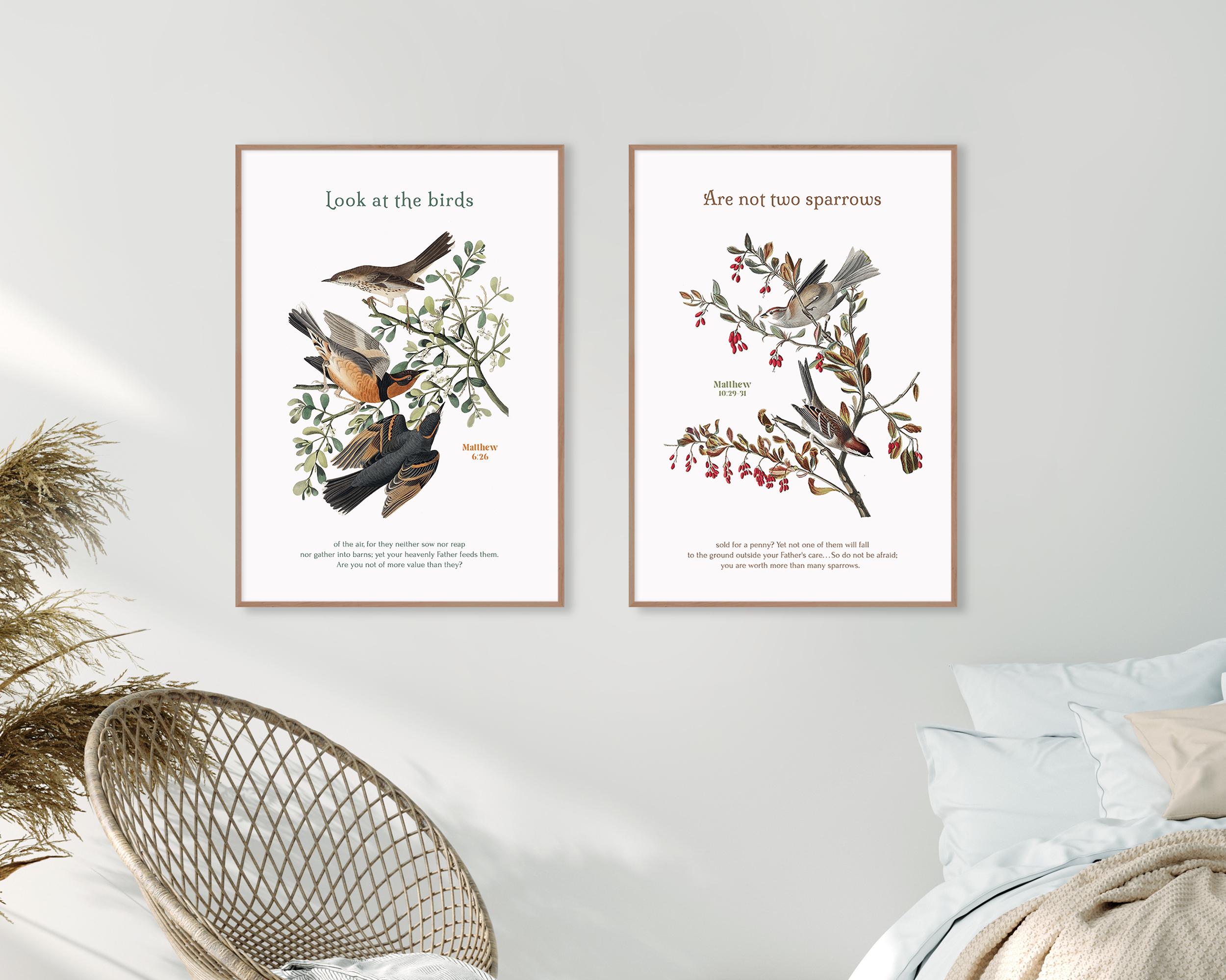 Bible Verse Print Set, Are Not Two Sparrows, Look at the Birds ...