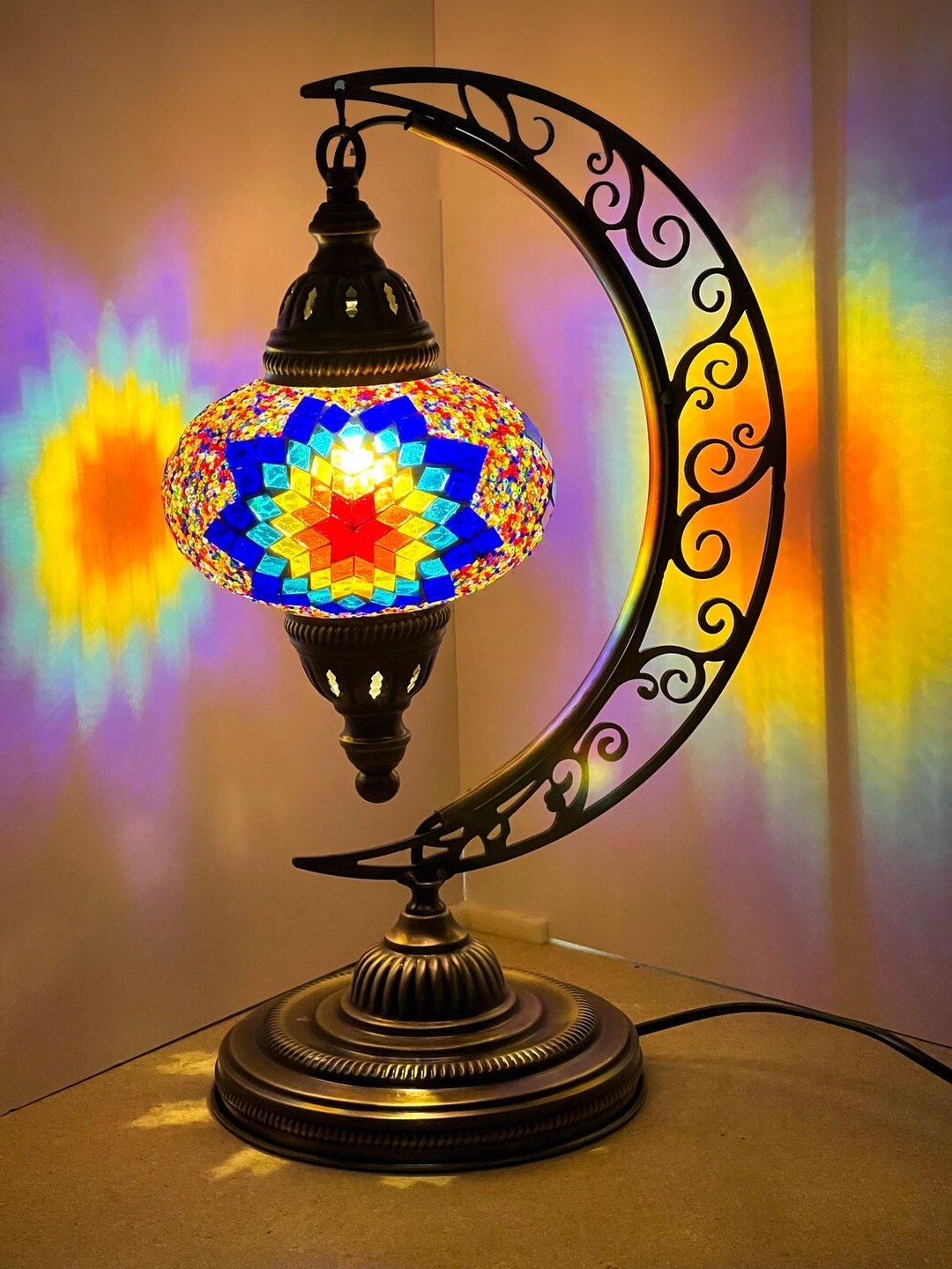 Handcrafted Turkish Mosaic Moon Lamp – Colorful Star Design - Etsy