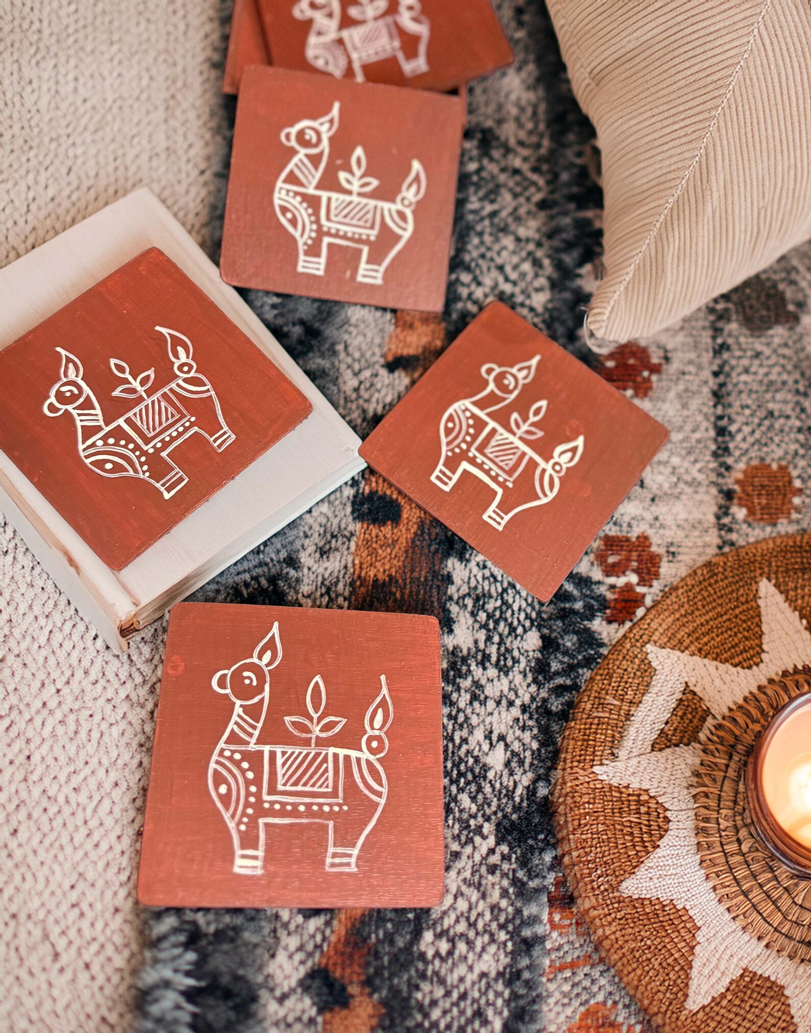 Hand-painted Wooden Coasters Set: Rustic Brown Minimalist Decor - Etsy