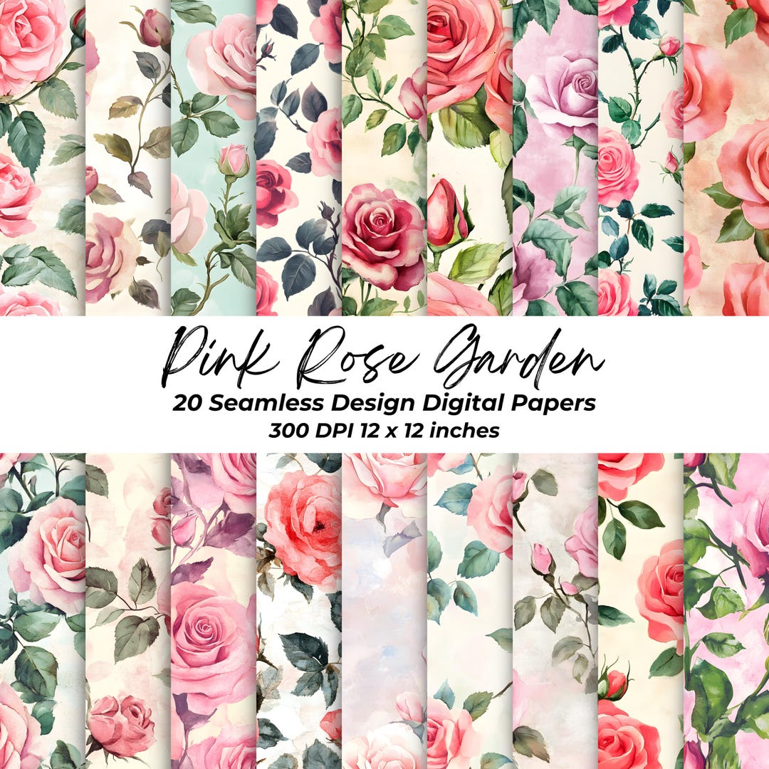 Vintage Watercolor Pink Rose Garden Digital Paper Seamless Printable ...