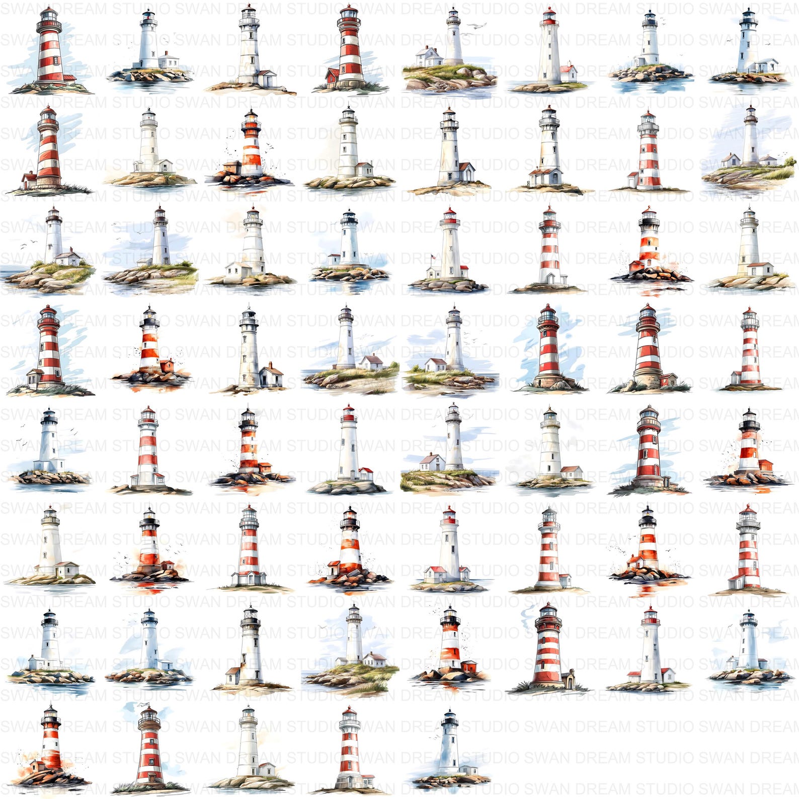 125 Lighthouse Clipart Bundle Printable Whimsical Light House Coastal ...