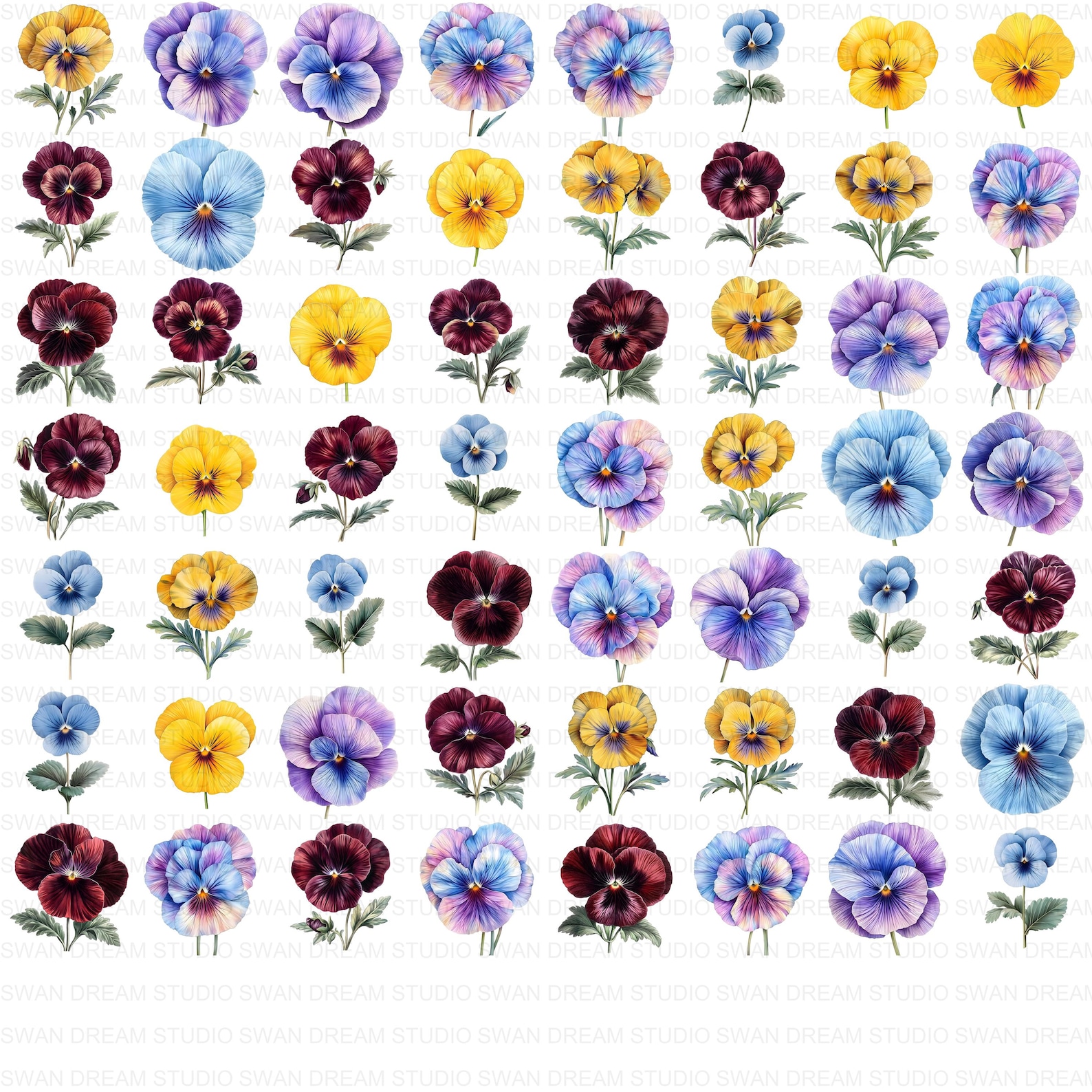 120 Single Pansy Flower Stem Clipart Bundle Printable Whimsical Floral ...