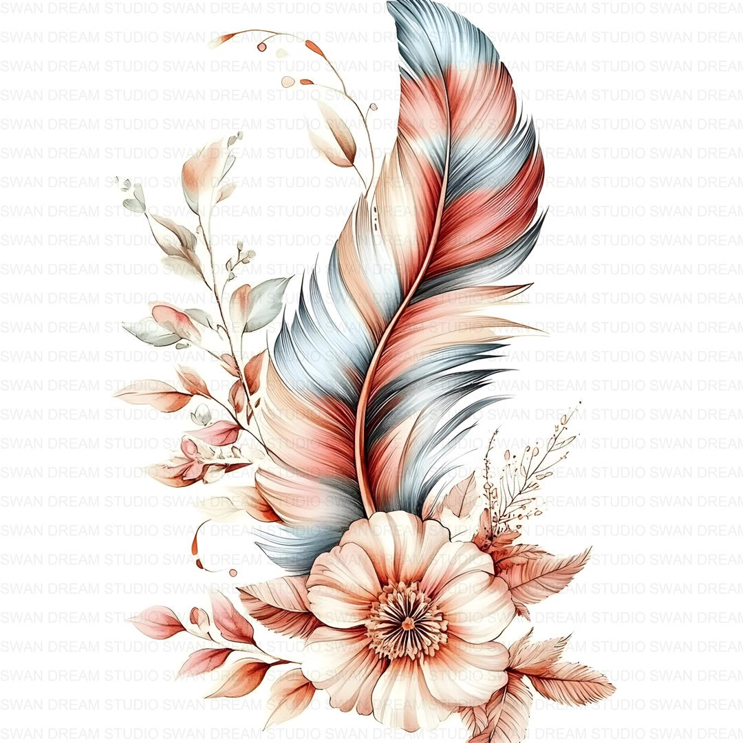 128 Boho Floral Feather Clipart Whimsical Fantasy Flowers Printable JPG ...