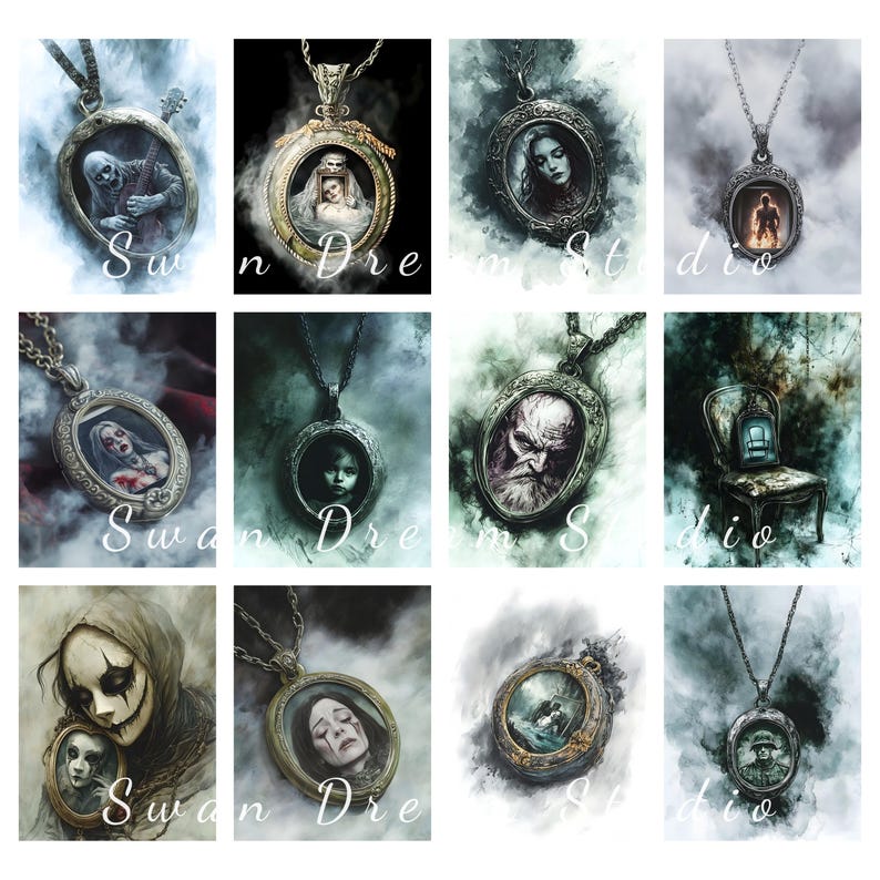 152 Halloween Creepy Locket Junk Journal Page Eerie Jewelry Photo ...