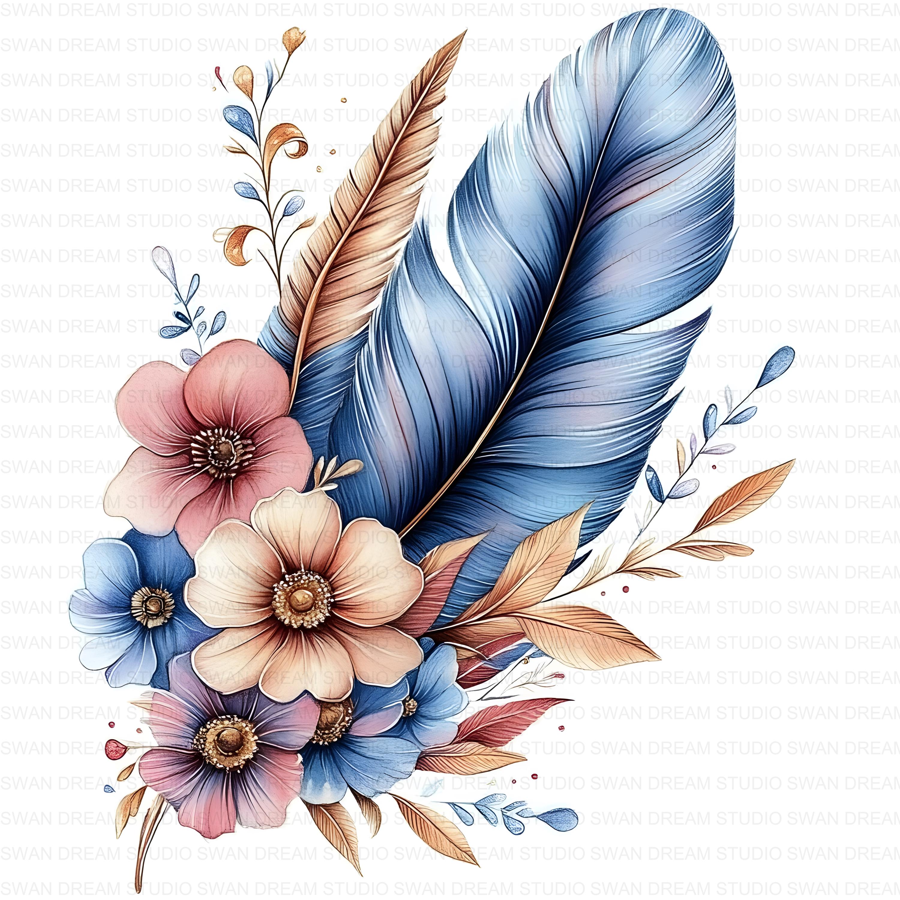 128 Boho Floral Feather Clipart Whimsical Fantasy Flowers Printable JPG ...